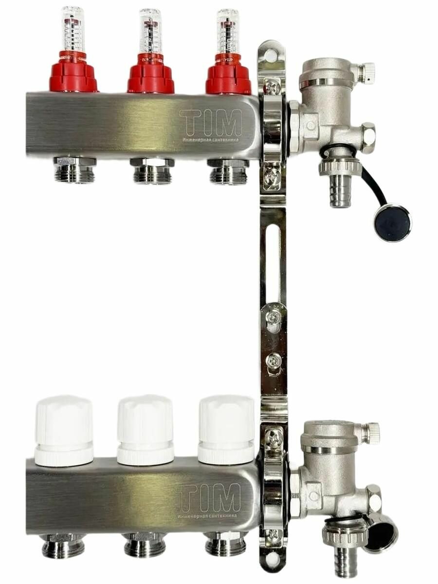 Коллектор для теплого пола на 12 выходов с расходомерами из нержавеющей стали 1" - 3/4" евроконус