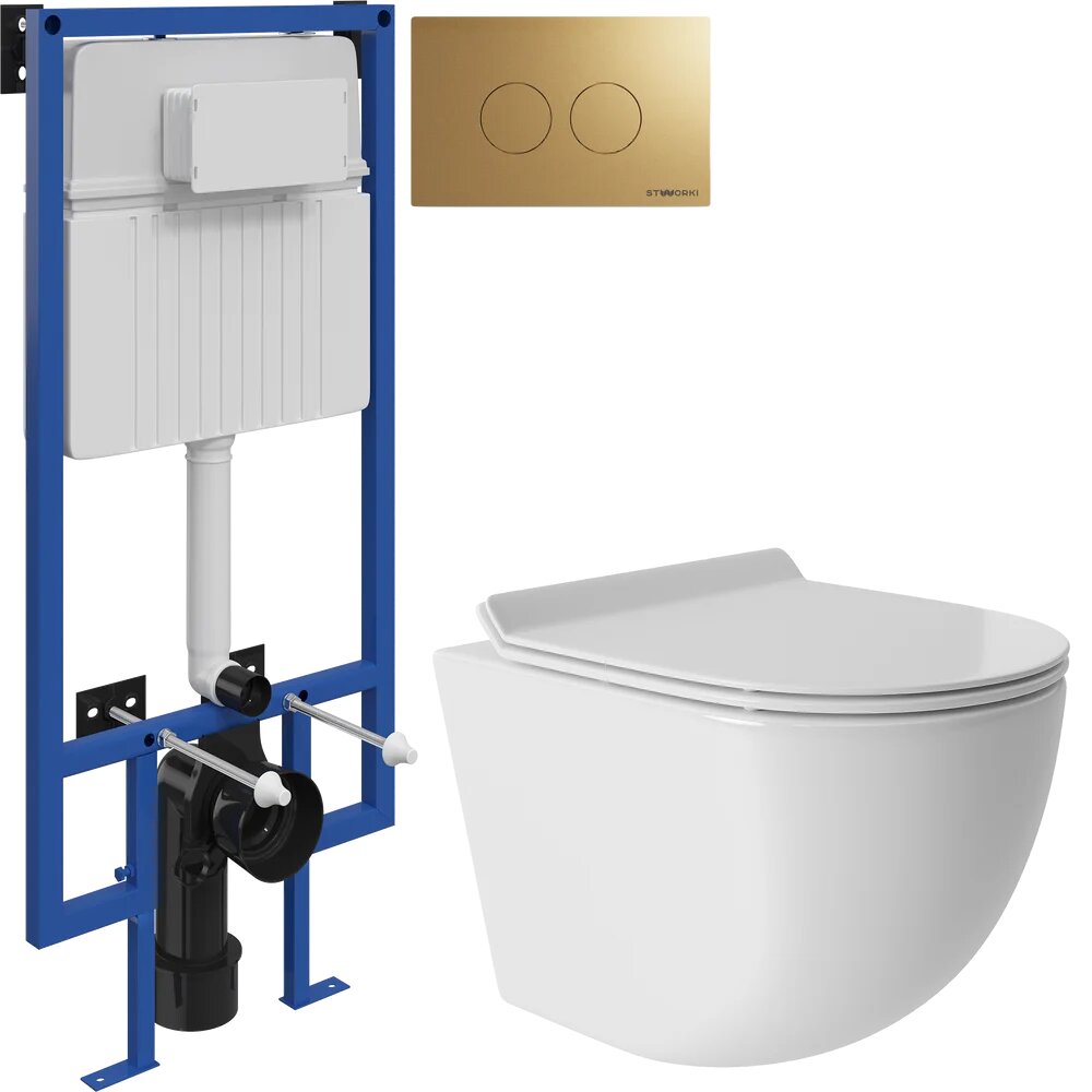 Комплект Унитаз подвесной Aqueduto Ovo Tornado OVOT0110 / Инсталляция STWORKI 510162 / Кнопка Хельсинки 500474 золотая матовая