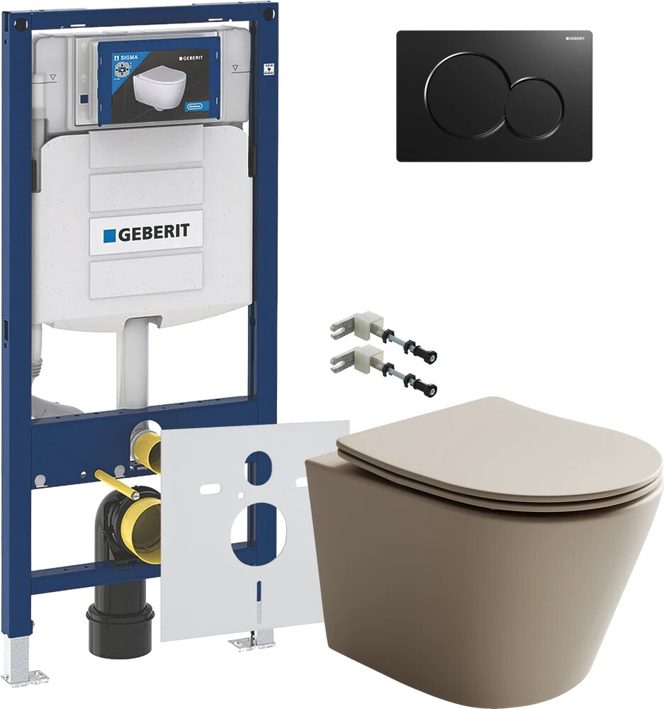 Комплект Унитаз подвесной Ceramicanova Balearica Rimless CN6000MC капучино матовый / Крепления Geberit Duofix к стене / Инсталляция UP 320 111.300.00.5, Кнопка Sigma черная, Шумоизоляция