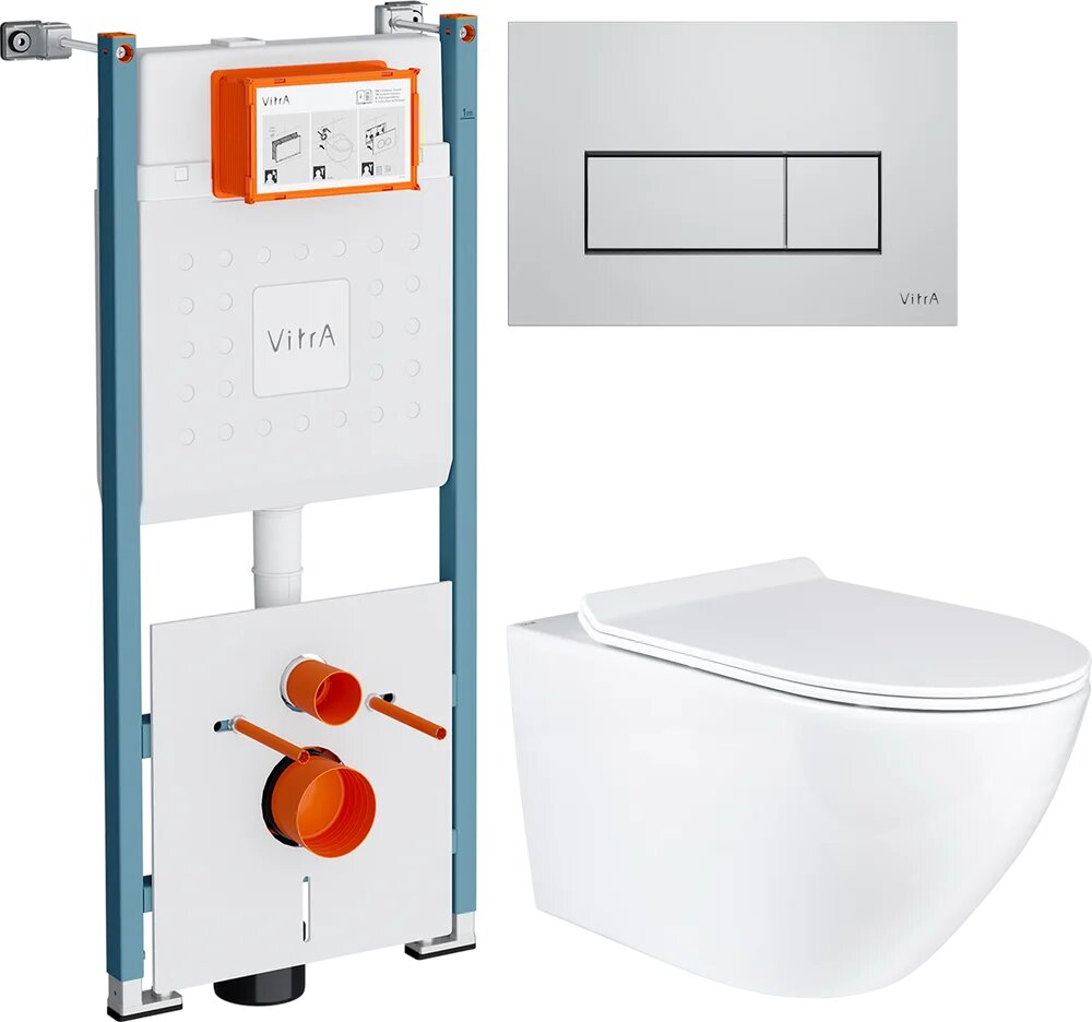 Комплект 3 в 1 Унитаз подвесной BOND Oval F01-10Long / Инсталляция VitrA V-Fix Core 732-5800-01PV / Кнопка Root Square 740-2380 цвет хром
