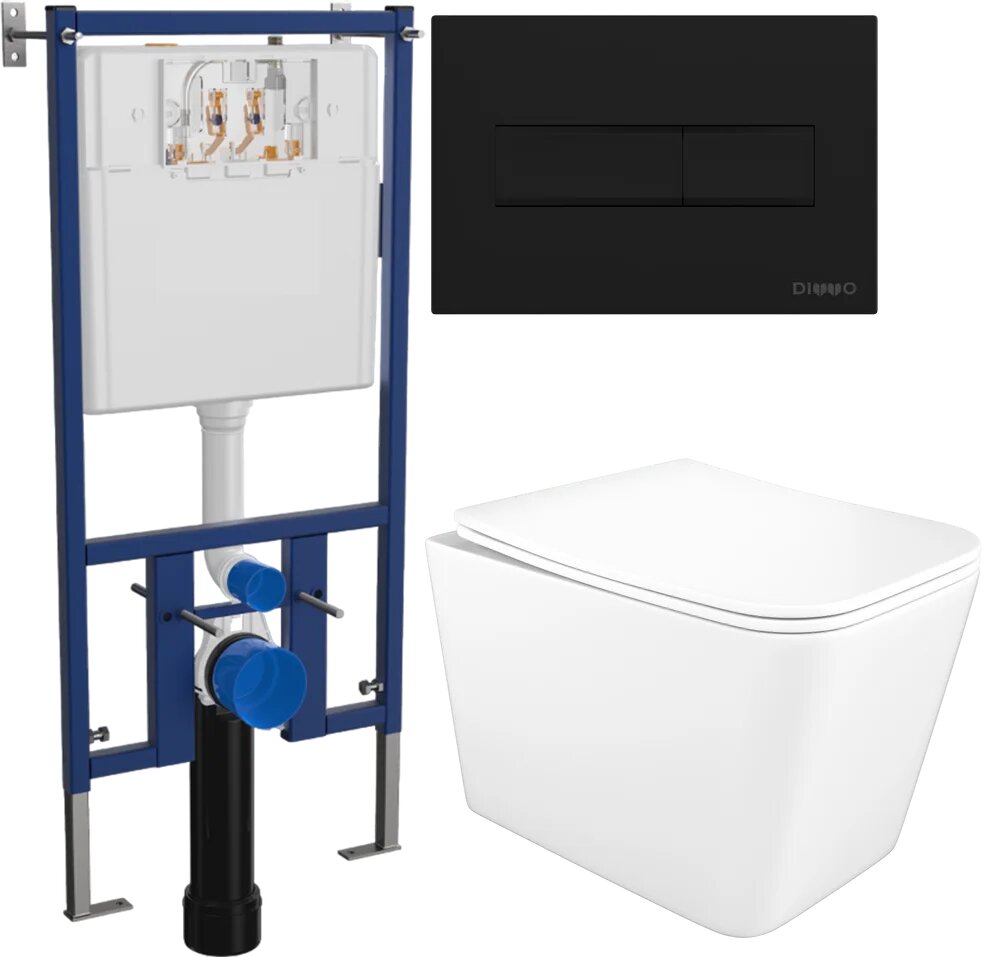 Инсталляция с унитазом комплект 3 в 1 Унитаз подвесной STWORKI Молде S23401WH безободковый, с микролифтом, антивсплеск / Инсталляция DIWO 4501 / Кнопка 7323 цвет матовый черный