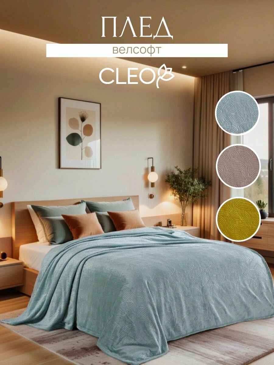Плед 200х220 однотонный евро Cleo покрывало на кровать и диван велсофт