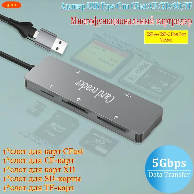 Адаптер 5-в-1 USB Type-C для подключения к разъемам CFast/CF/ XD/SD/TF, кард-ридер USB 3.0, скорость 5 Гбит / с
