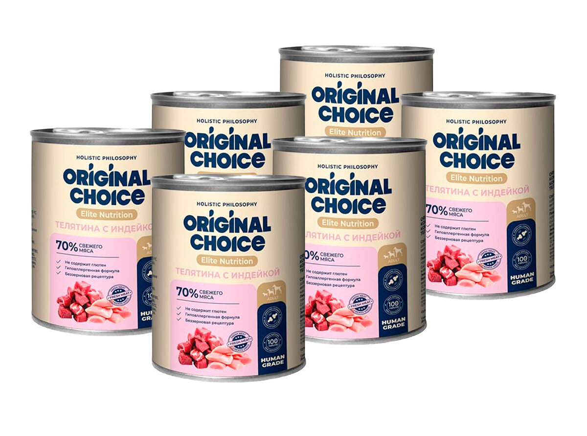 Корм влажный Original Choice Elite Nutrition Adult для взрослых собак с телятиной и индейкой банка, 750 г х 6 шт