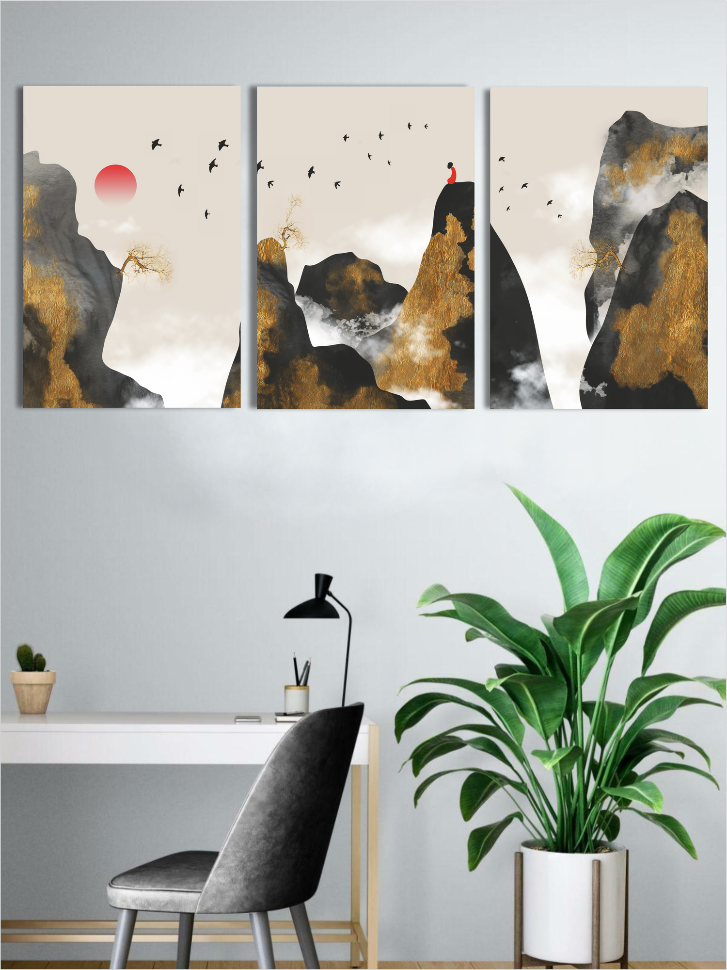 Модульная картина для интерьера на стену, горный пейзаж Дзен медитация 50х75 см - 3 штуки на холсте на подрамнике