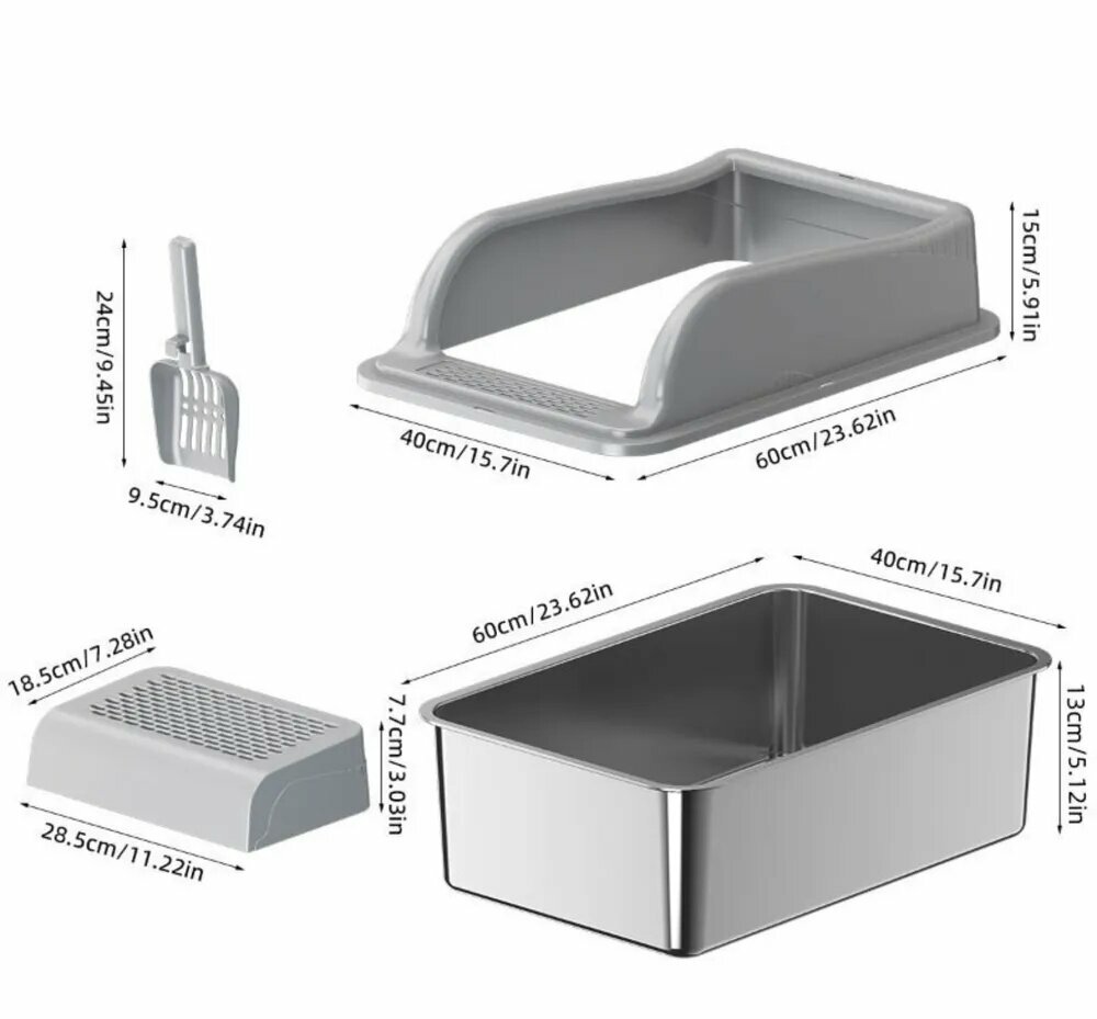 Кошачий туалет из нержавеющей стали, большой лоток с высокими бортиками от разбрасывания, для крупных кошек, мейн-кунов и нескольких котов