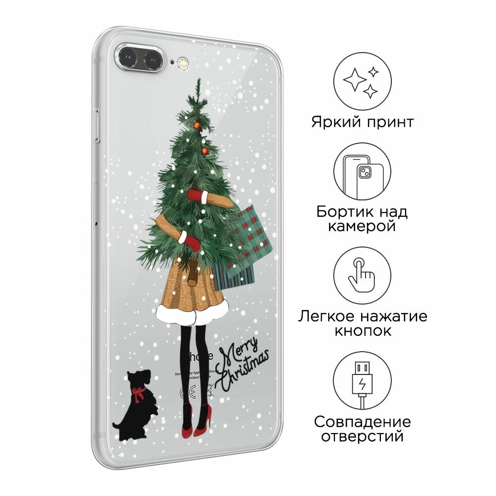 Чехол на Apple iPhone 7 Plus / Айфон 7 Плюс с принтом Девушка с ёлкой black, прозрачный — фото 1