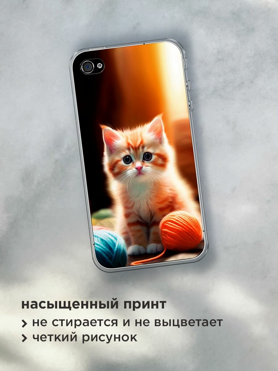 Чехол на Apple iPhone 4/4S / Айфон 4/4S с принтом "Рыжий котёнок с клубком" — фото 1