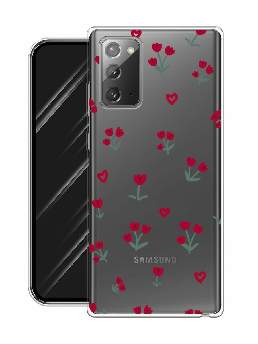Чехол на Samsung Galaxy Note 20 / Самсунг Галакси Ноут 20 с принтом "Красные тюльпанчики", прозрачный — фото 1