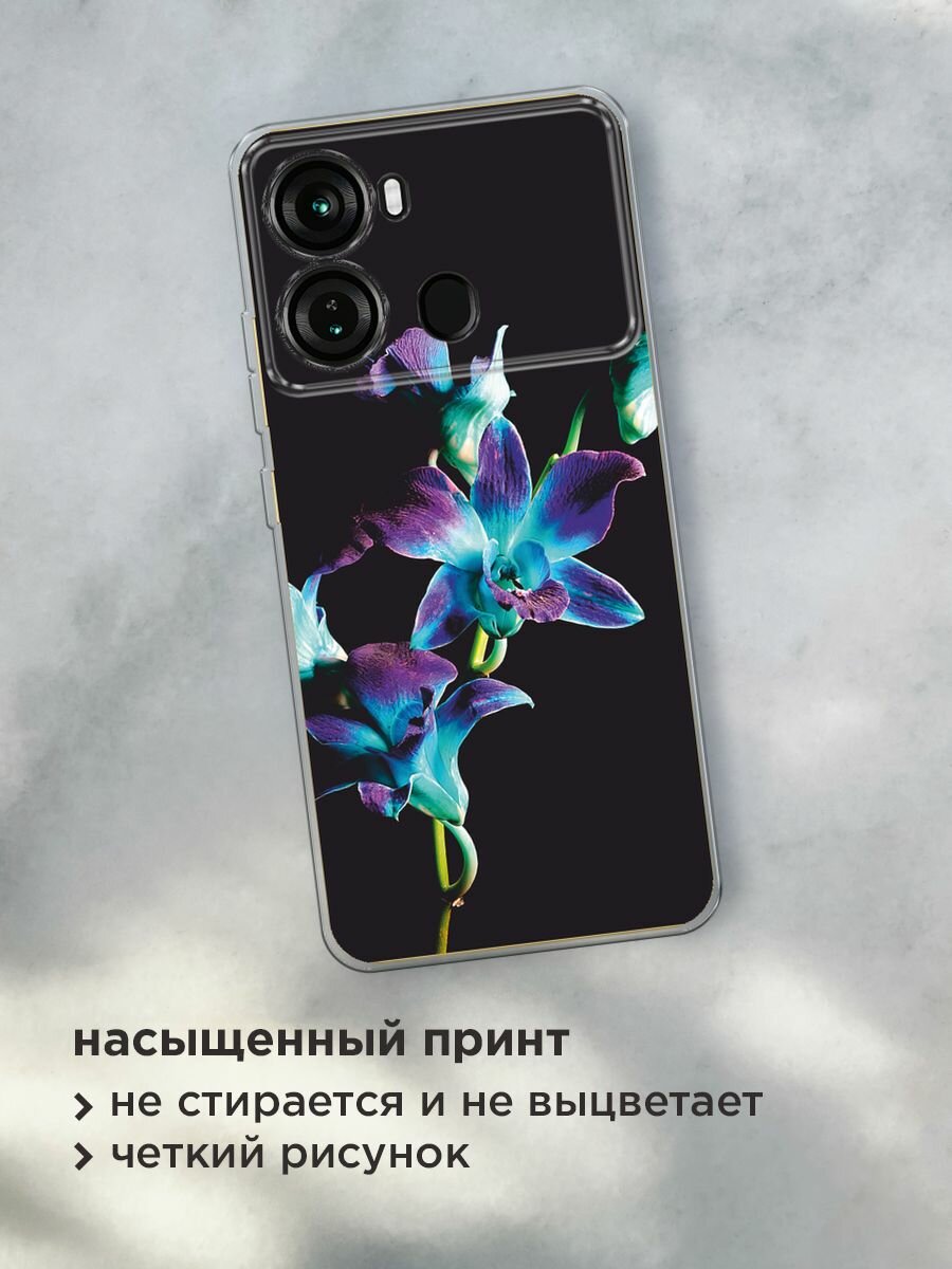 Чехол на Itel P40 / Ител P40 с принтом "Синий цветок на черном" — фото 1