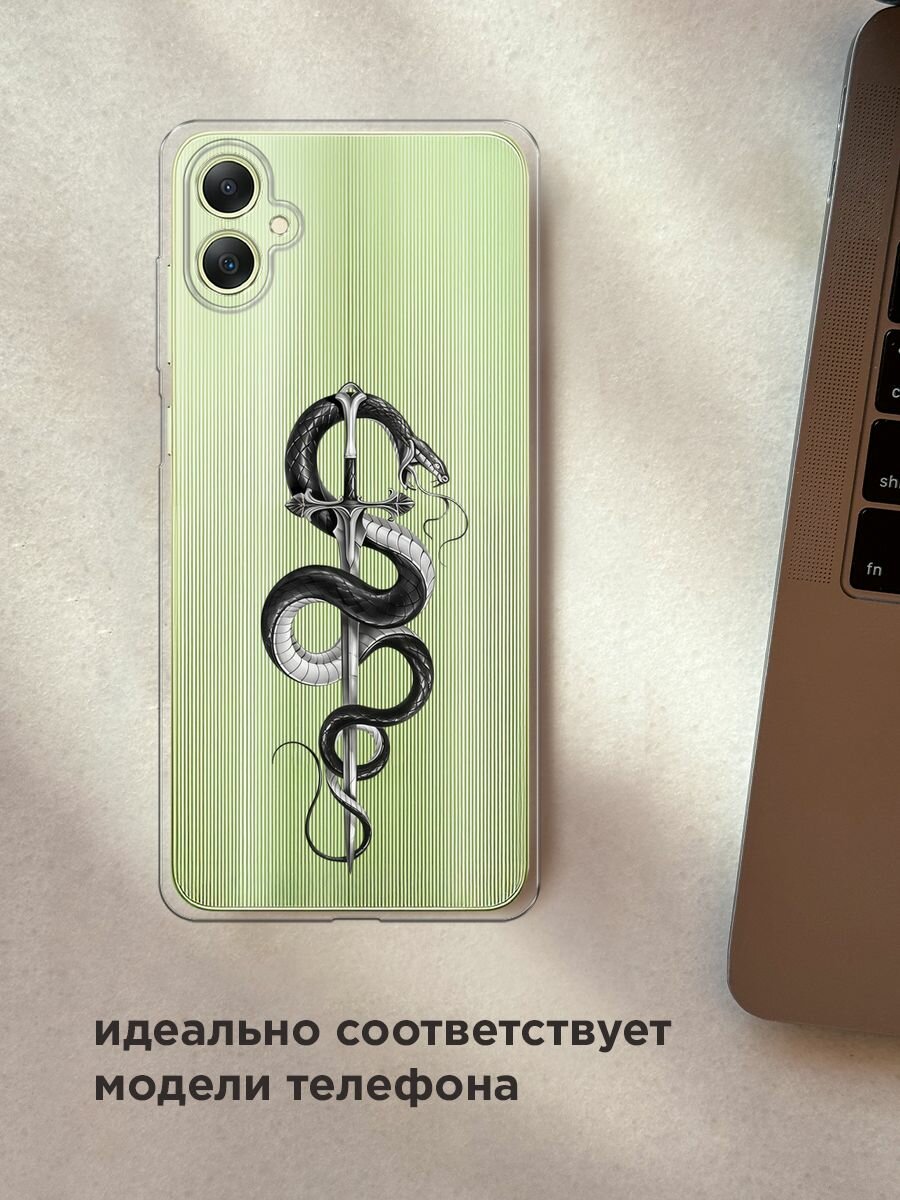 Чехол на Samsung Galaxy A06 / Самсунг Галакси А06 с принтом "Змея с мечом чёрная", прозрачный — фото 1