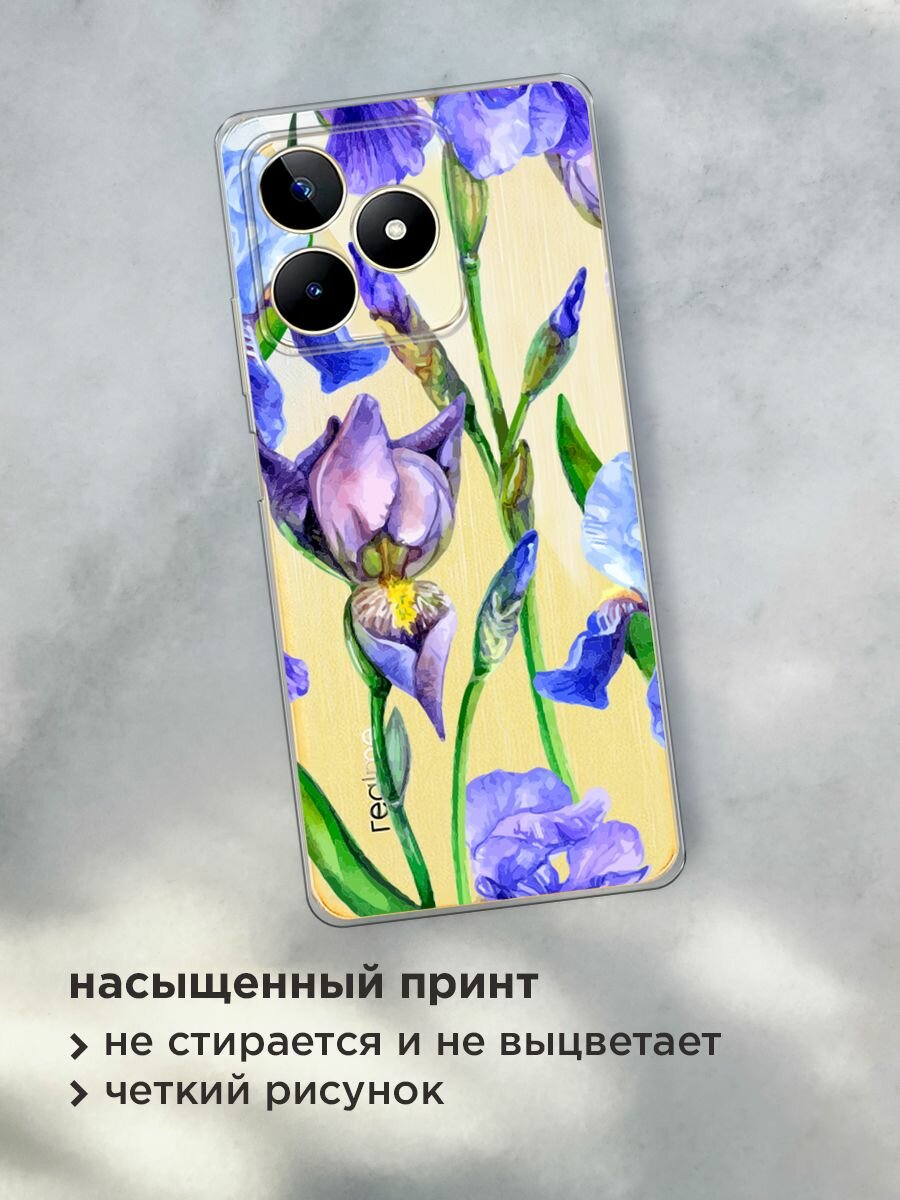 Чехол на Realme C53/C51 / Реалми С53/С51 с принтом "Синие ирисы", прозрачный — фото 1