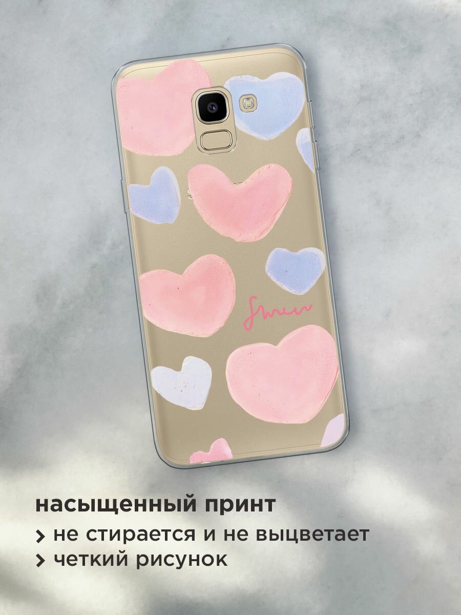 Чехол на Samsung Galaxy J6 2018 / Самсунг Галакси Джей 6 2018 с принтом "Пастельные сердечки", прозрачный — фото 1