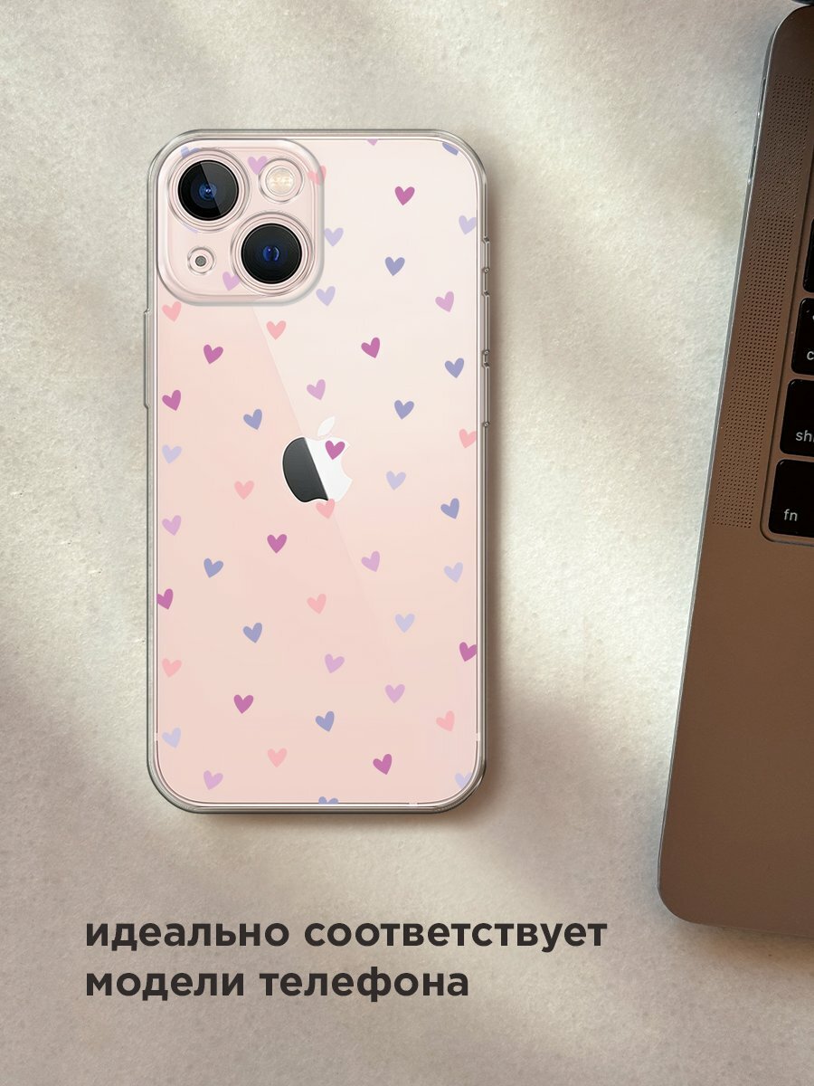 Чехол на Apple iPhone 13 mini / Айфон 13 мини с принтом "Пастельные сиреневые сердечки", прозрачный — фото 1