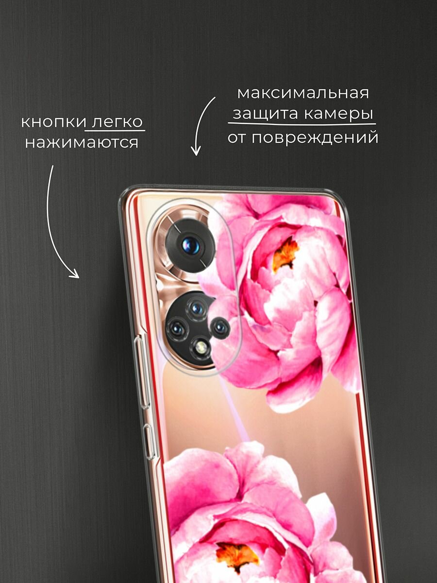 Чехол на Honor 50/Huawei Nova 9 / Хонор 50/Хуавей Нова 9 с принтом "Open peonies", прозрачный — фото 1