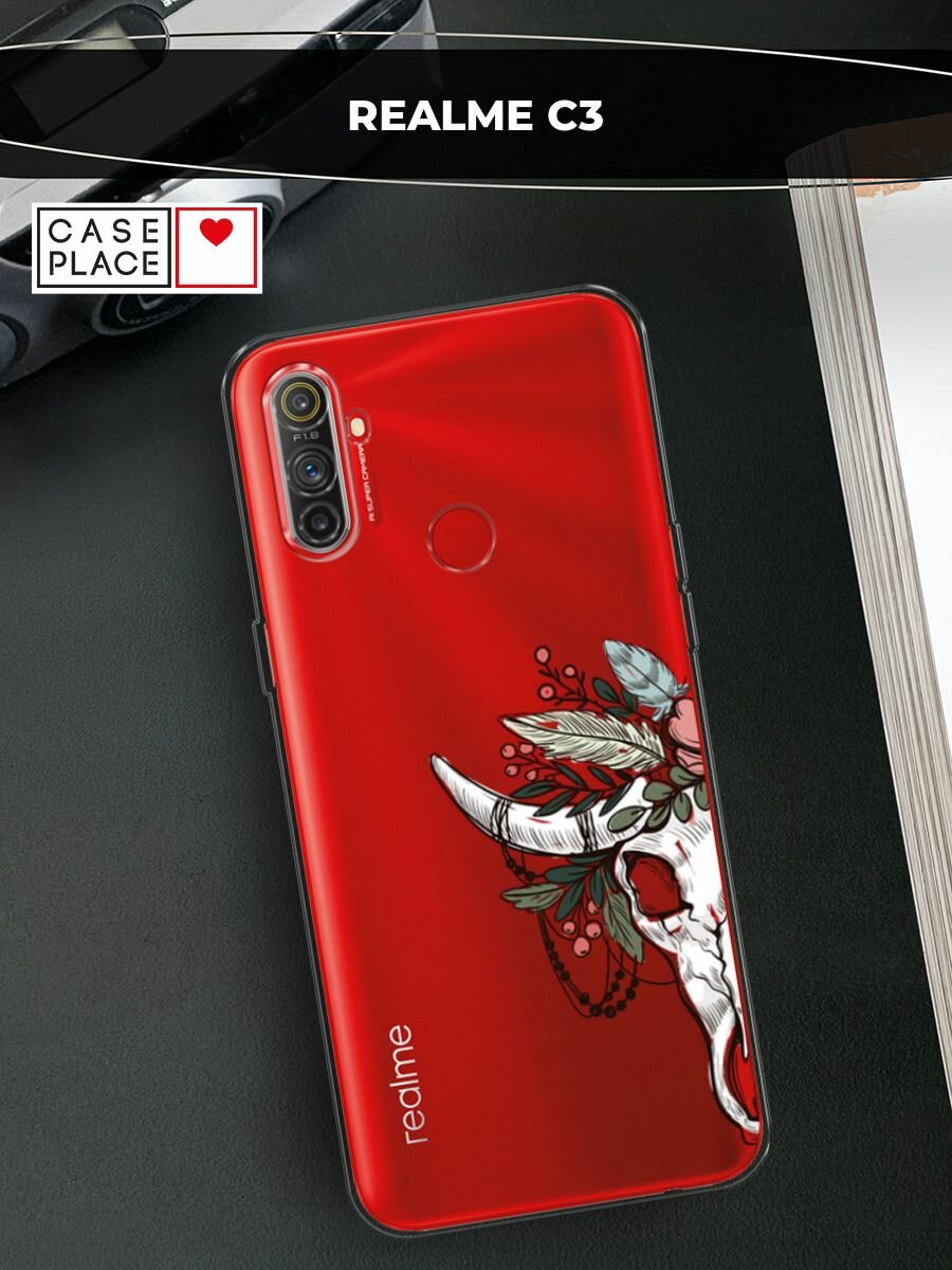 Чехол на Realme C3 / Реалми C3 с принтом "Череп быка с цветами", прозрачный
