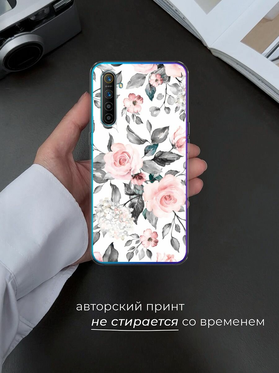 Силиконовый чехол на Realme XT / Реалми XT с принтом "Розы на белом" — фото 1