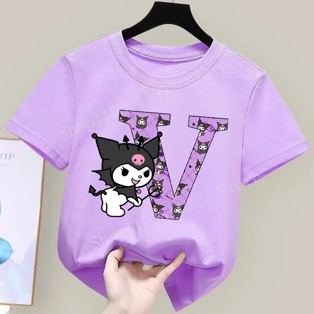 Детская футболка Sanrio Kuromi с милым мультяшным принтом в виде букв AZ и аниме, модная одежда для девочек, топы из хлопка с короткими рукавами для малышей, Размер:120