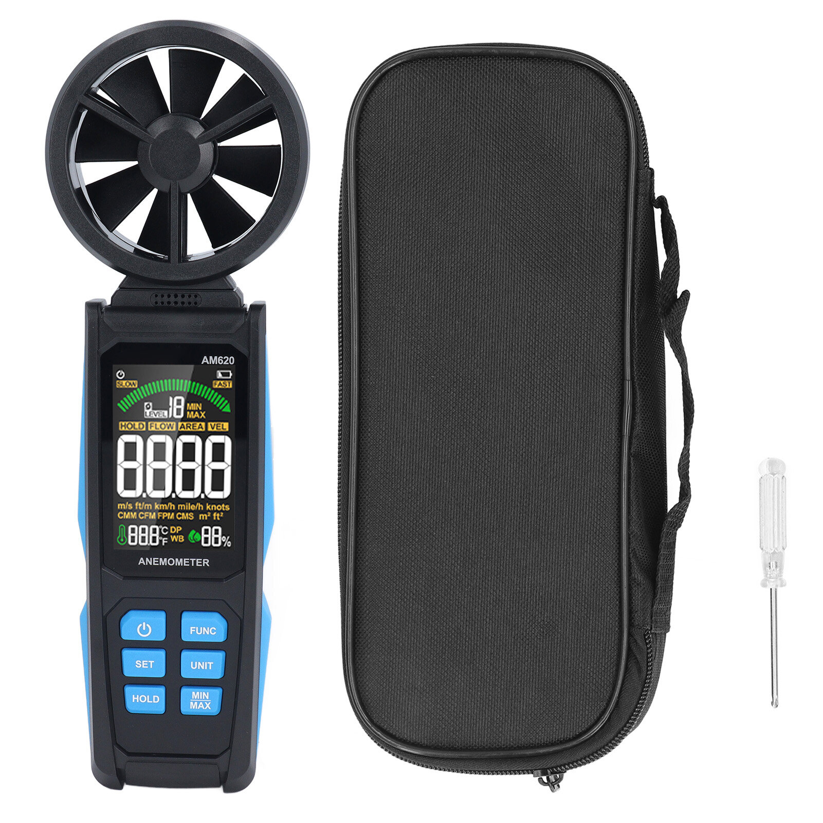 Цифровой анемометр, портативный, для измерения скорости ветра, температуры и влажности, с ЖК-экраном с подсветкой и поворотом на 180°.