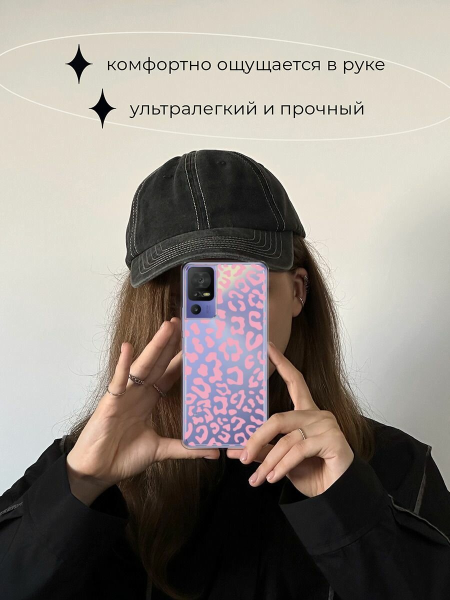 Чехол на TCL 40 SE / ТСЛ 40 SE с принтом Паттерн розовый леопард, прозрачный — фото 1