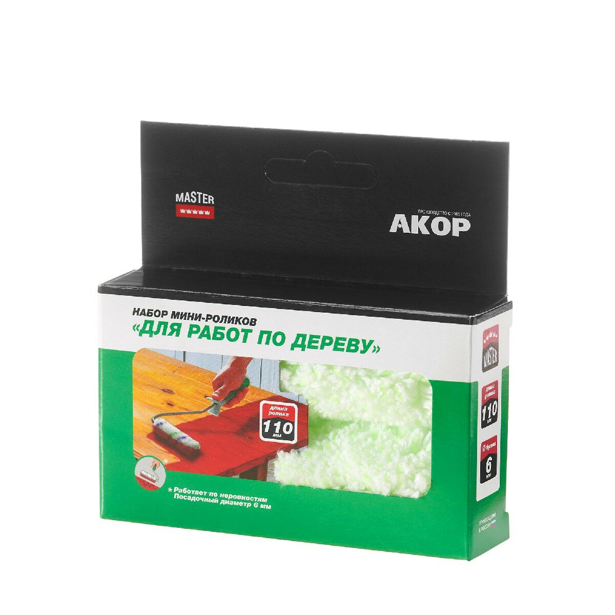 Мини-валик из микрофибры для дерева Акор Мастер, D40 x 150 мм, бюгель 6 мм, набор 2 шт