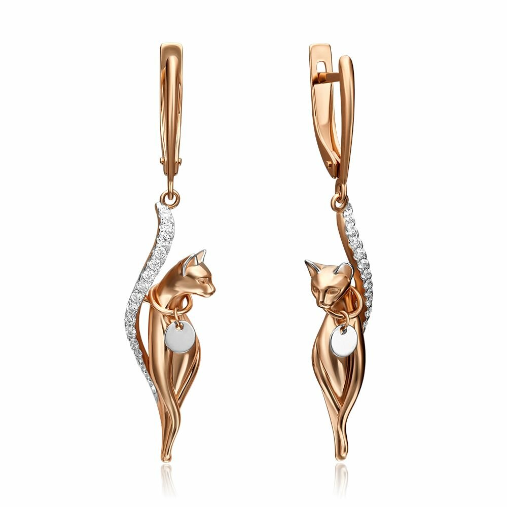 Серьги, комбинированное золото, 585 проба, родирование, фианит