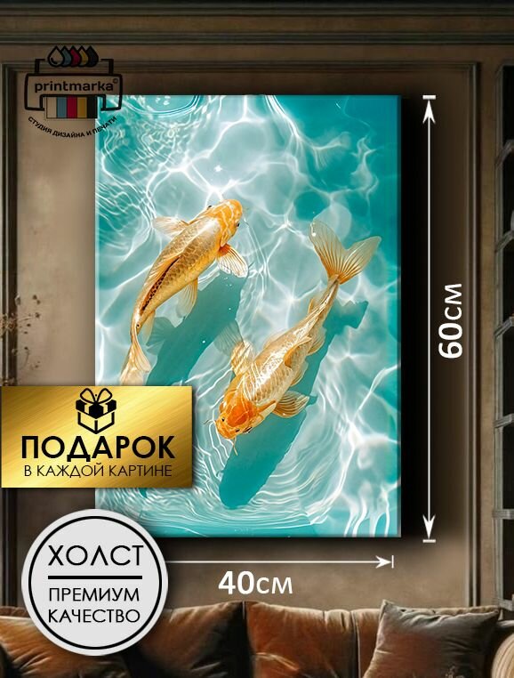 Картина "Золотые рыбы (карпы)" ПринтМарка, холст, на подрамнике, дерево, 40х60см