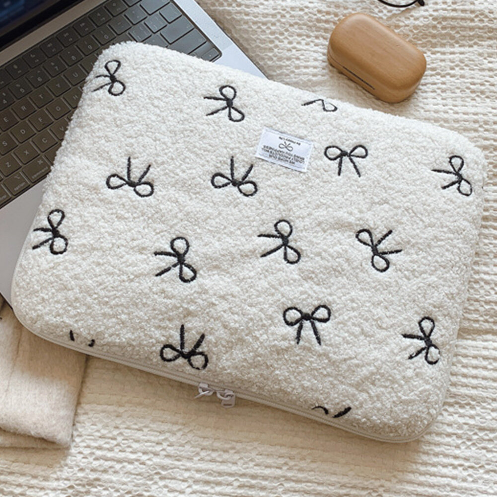 14-дюймовая плюшевая сумка для ноутбука с бантом и вышивкой для планшета, рабочая сумка для учебы (белая)