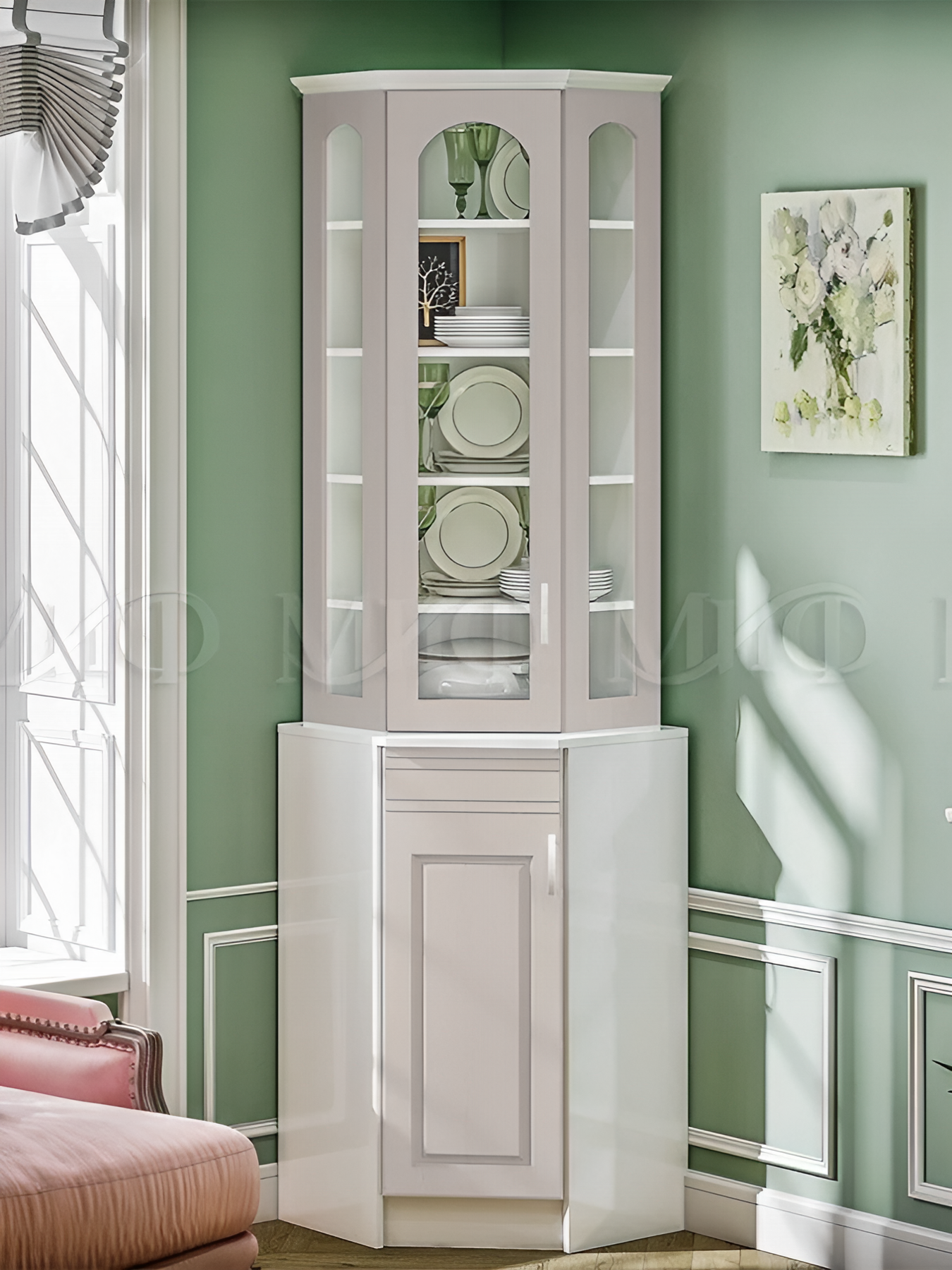 Буфет угловой с полками Констанция мускат/белый, МИФ, Мебельный рай