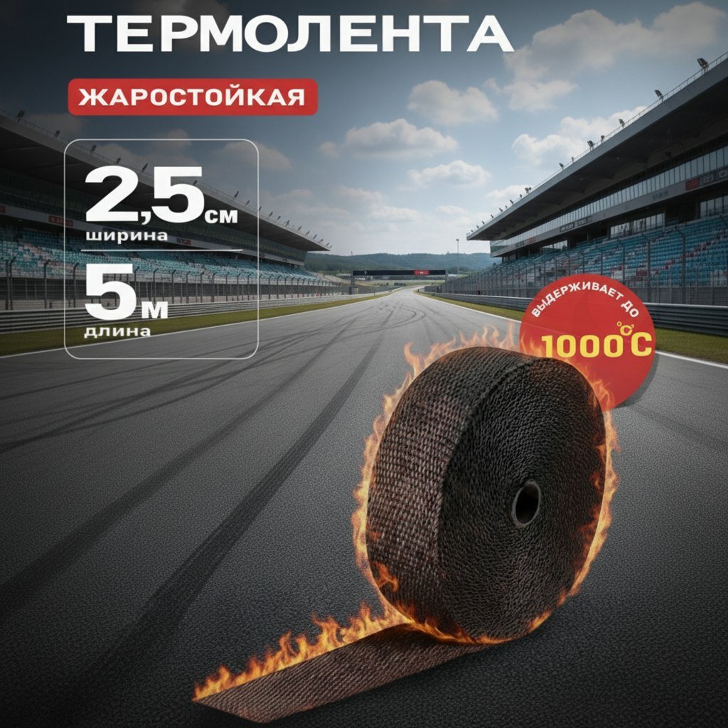 Термолента для глушителя черная узкая 5м