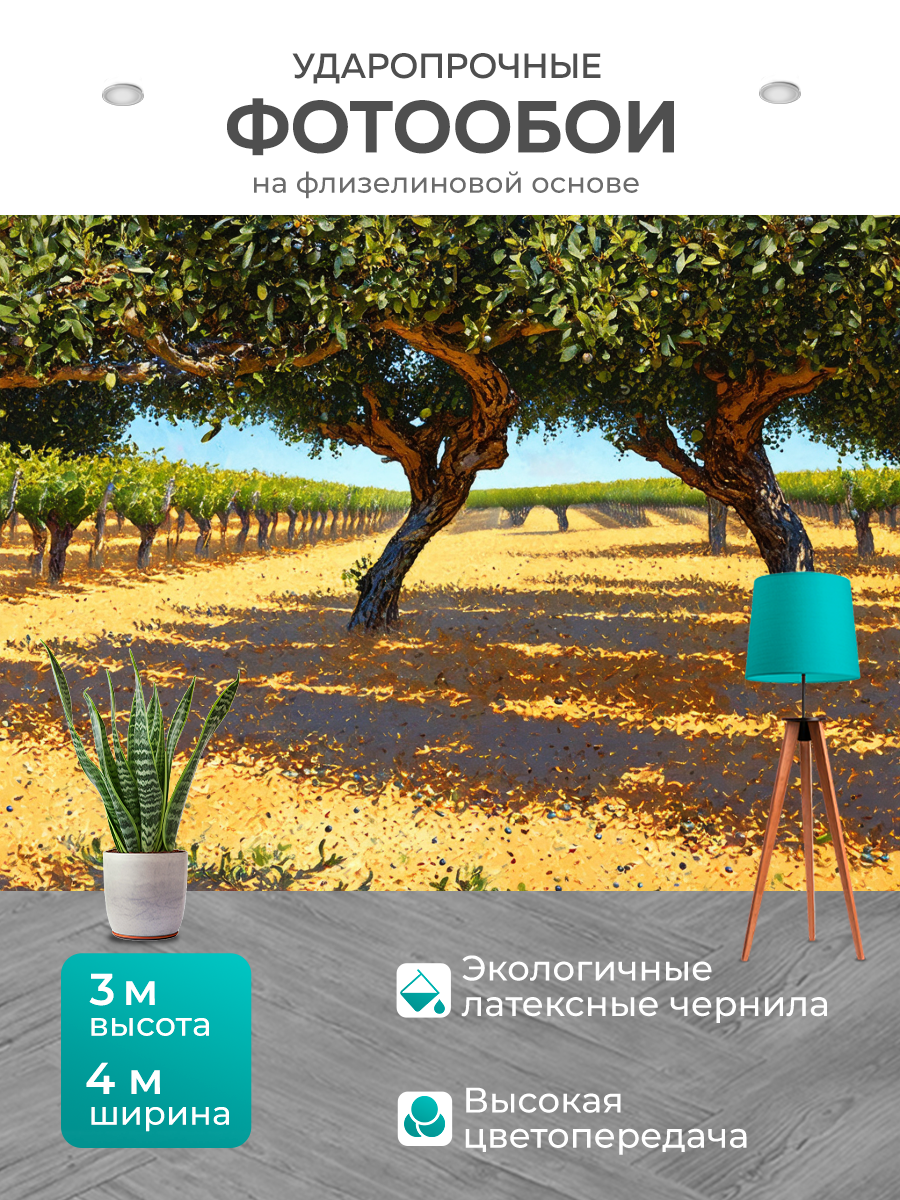 Фотообои моющиеся ударопрочные "Прованс - оливковая роща с роняющими оливками на землю, солнце высоко в небе, создавая интересные тени. рисунок в." 400x300 см. флизелиновые на стену