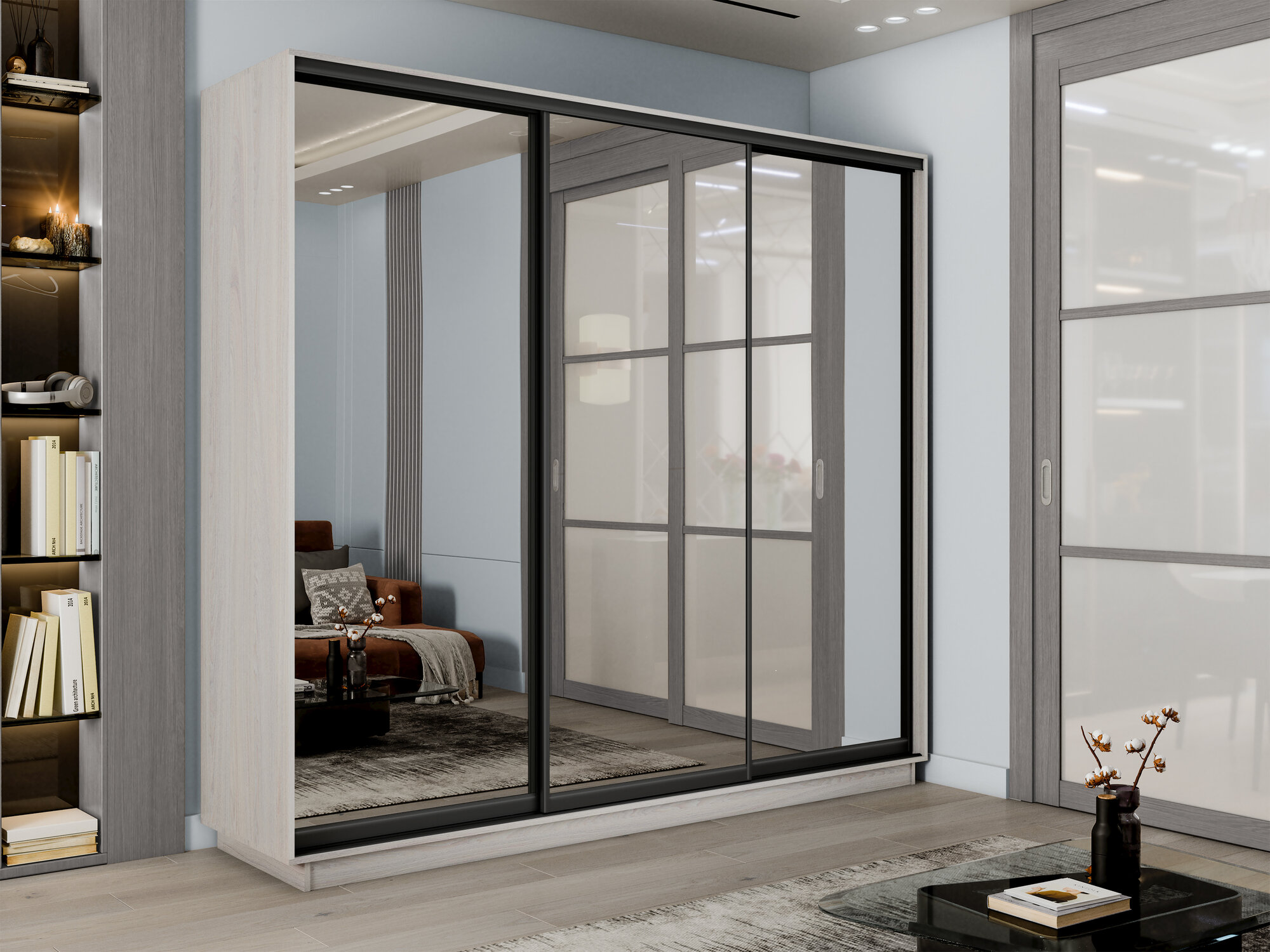 Шкаф купе Вилли 3-х дверный ЛДСП, зеркальные двери, профиль черный 210 см х 240 см х 60 см (Ясень анкор-светлый)