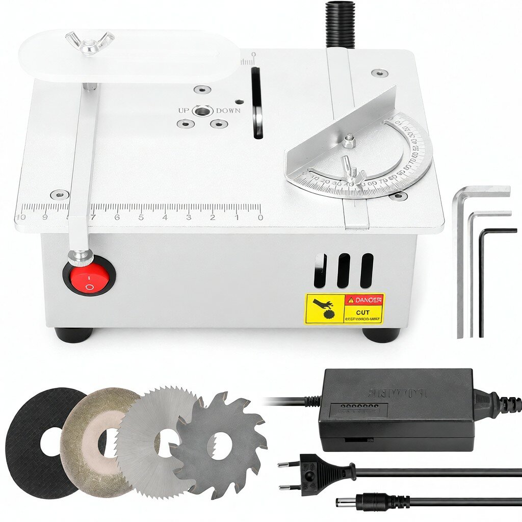 Мини электролобзик настольный многофункциональный для дома DIY инструмент для резки плоттер деревообрабатывающий, 3 пcs лезвий, 96W, DC24V 10A, 5000rpm, лезвие диаметр ≤63мм толщина <1.5мм дюб 16мм, длина шкалы 100мм, высота подъема 14мм 12мм, размер