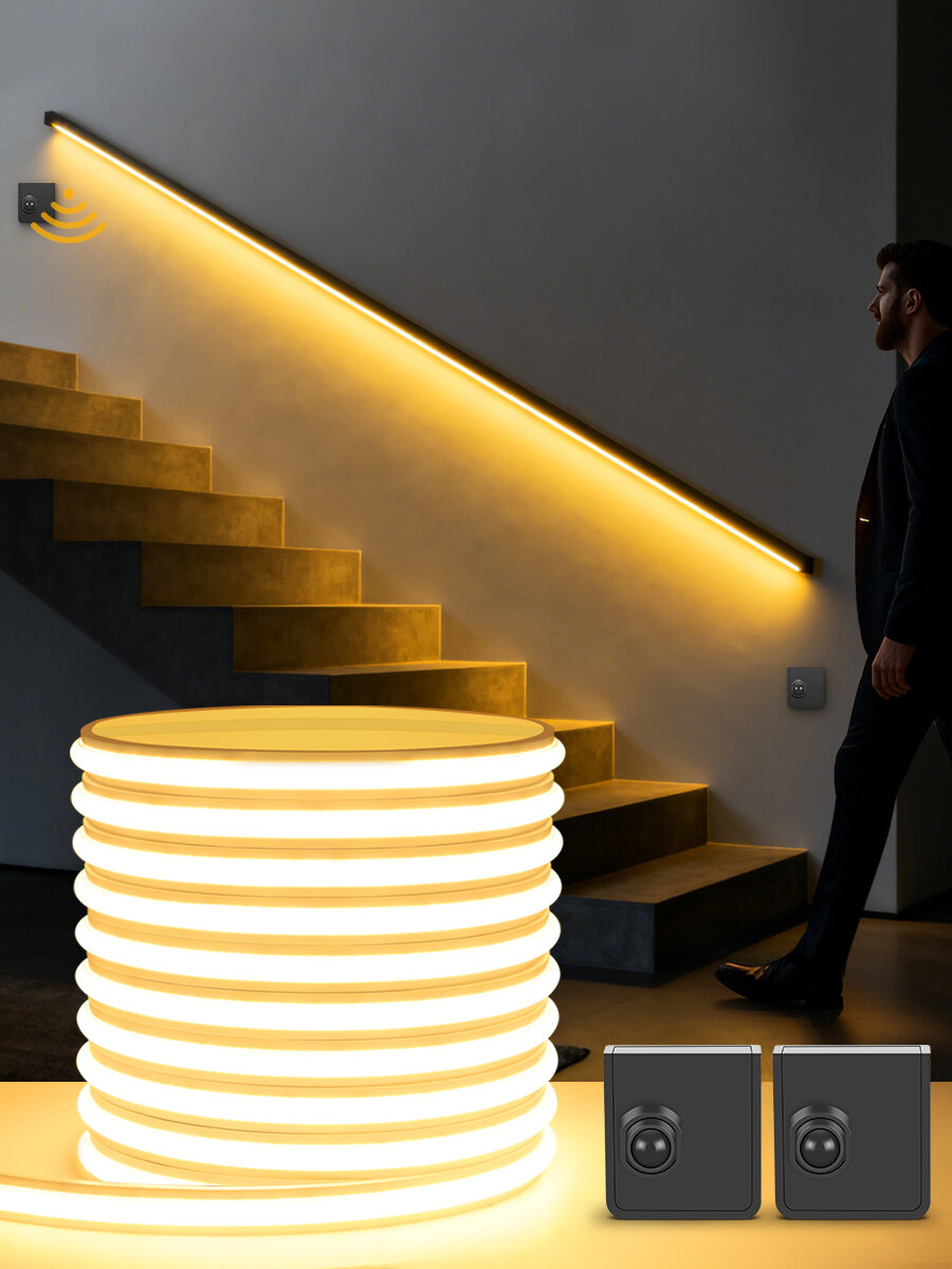 2 Датчика Движения PIR, Светодиодная Неоновая Лампа 24В, Лента с Беспроводным RF-Приемником, Для Домашнего Аварийного Ночного Освещения