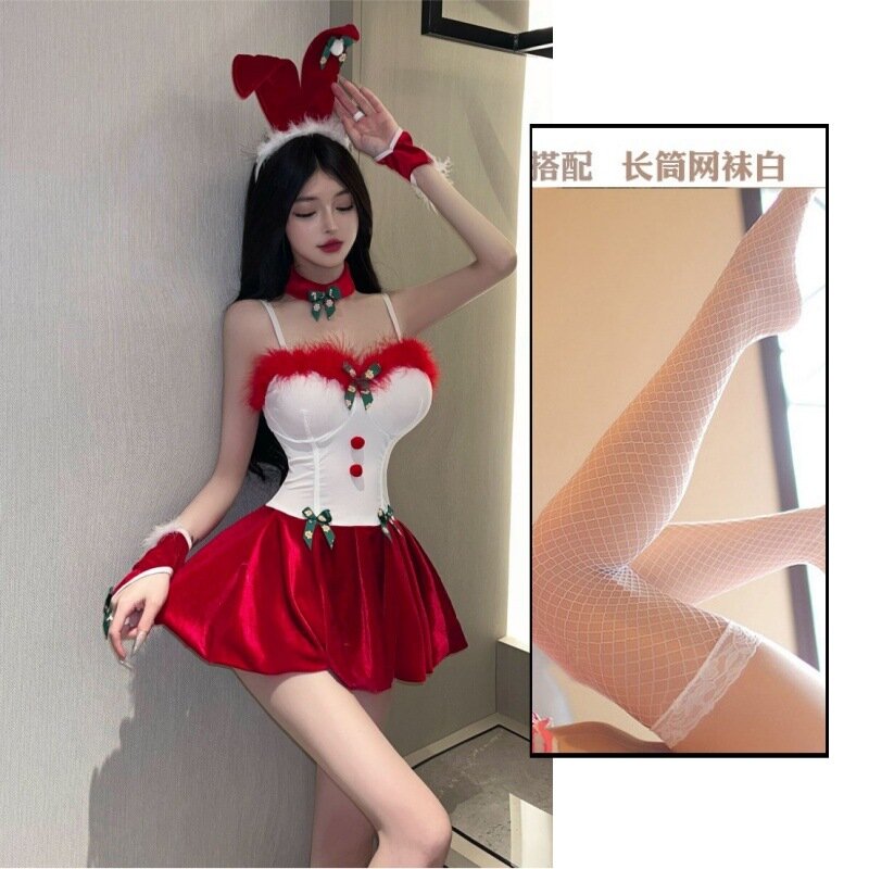 Сексуальный костюм девушки-зайчика на Рождество, не требующий снятия, сексуальное нижнее белье, униформа для ролевых игр, соблазнительная униформа на Хэллоуин для женщин. Зайчик + белые сетчатые чулки.