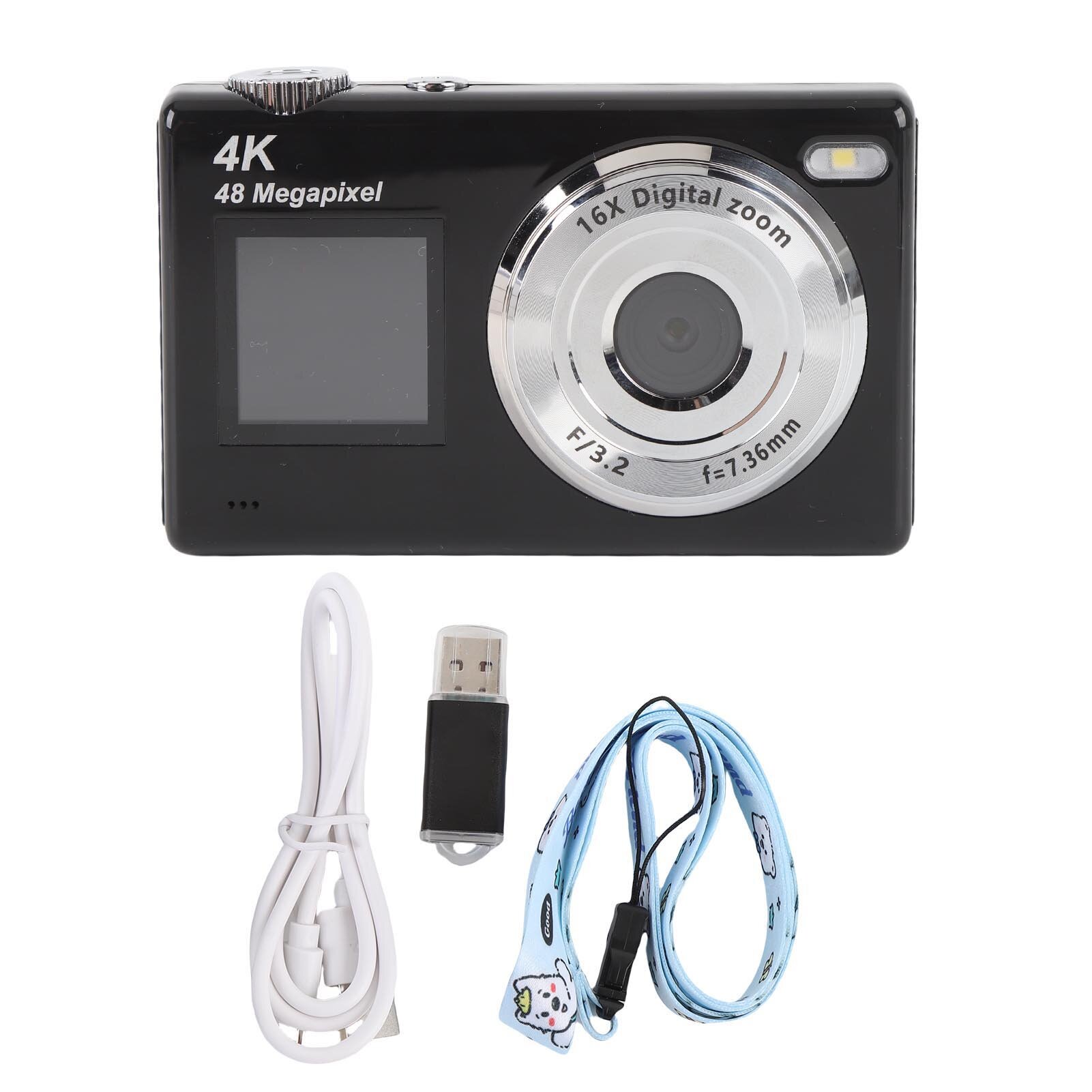 Цифровая фотокамера 4K 48MP HD с двумя экранами, 16-кратным зумом, автофокусом и функцией селфи. Подходит для фотографов, студентов и подростков. Цвет: черный.