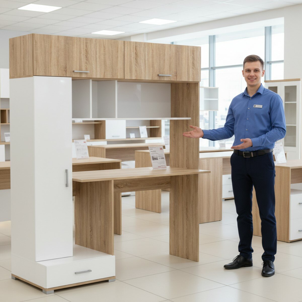 Компьютерный стол Памир ПКС-1, ЛДСП, Дуб Сонома/Белый глянец, Ширина 1500 мм х Высота 1800 мм х Глубина 570 мм.