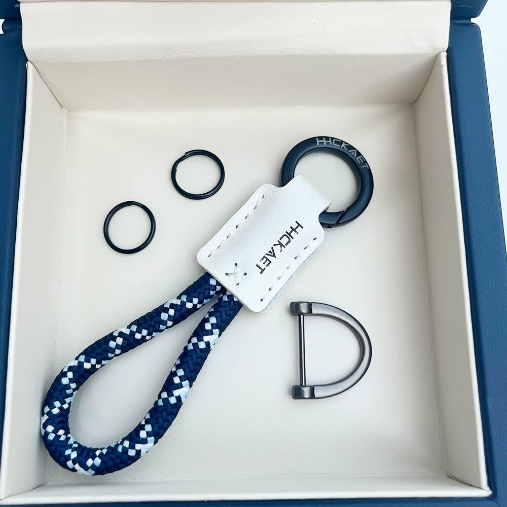 Белый кожаный брелок с синей лентой для телефона и ключей, ручная работа в подарок