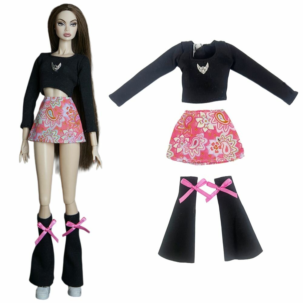 Черная рубашка, розовая юбка, короткие носочки / Комплект одежды для Барби