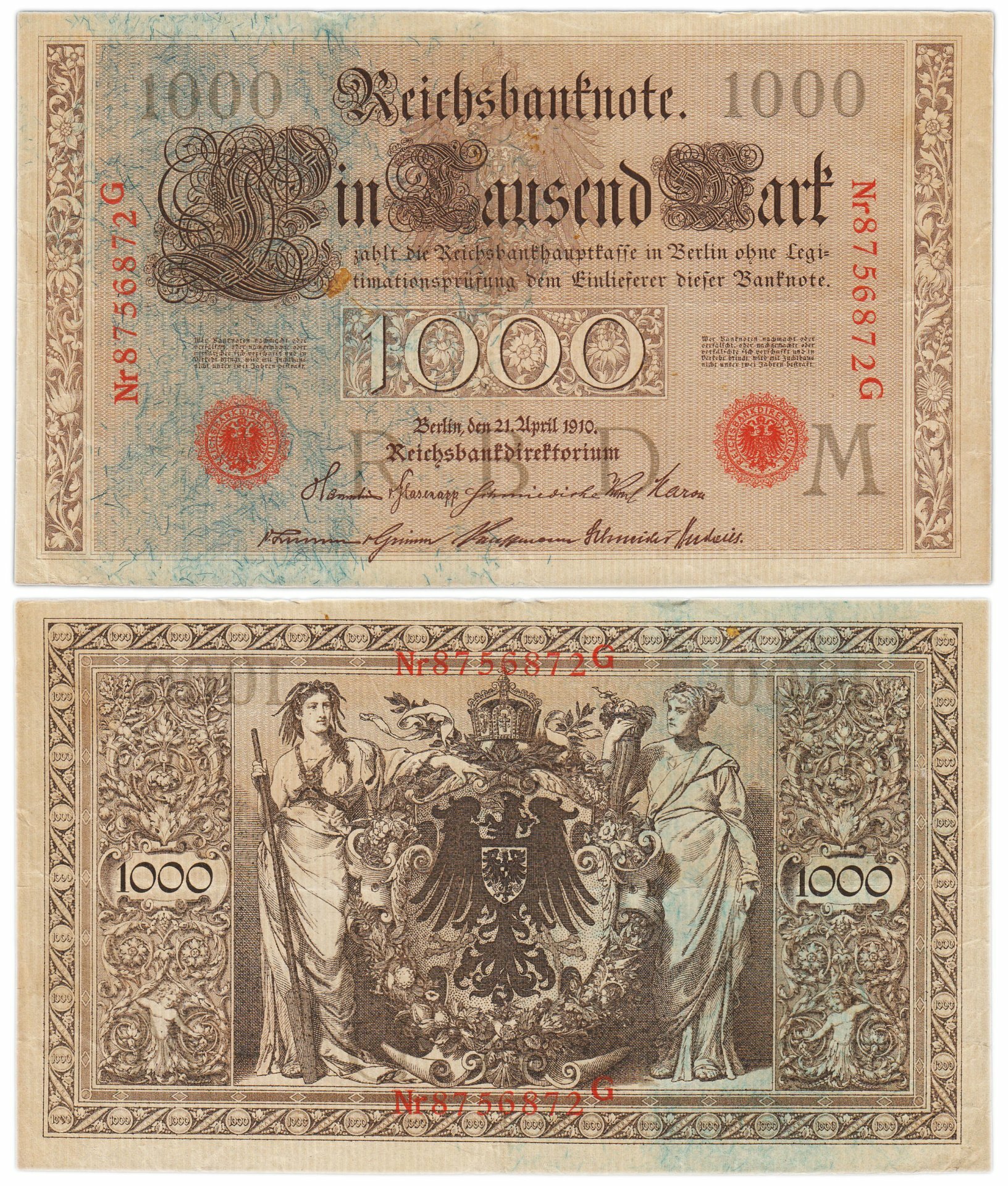 Германия 1000 марок 1910 красная печать