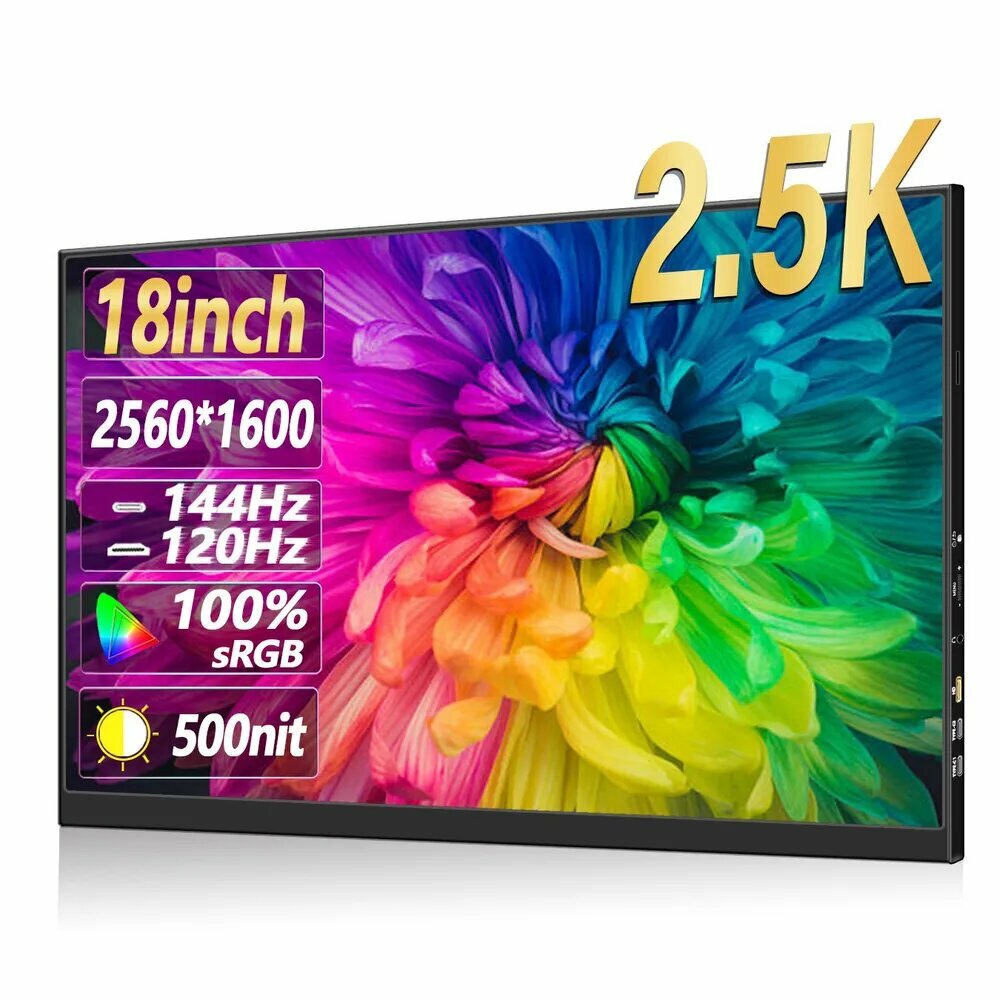 18" Монитор 2025 Тонкий портативный ЖК-монитор PORPOISE1800XT, реальный 2K 2560*1600,18.0" дюйма IPS 144Гц для ноутбука, ПК, телефона Mac, PS, Xbox, коммутатора, черный матовый, черный