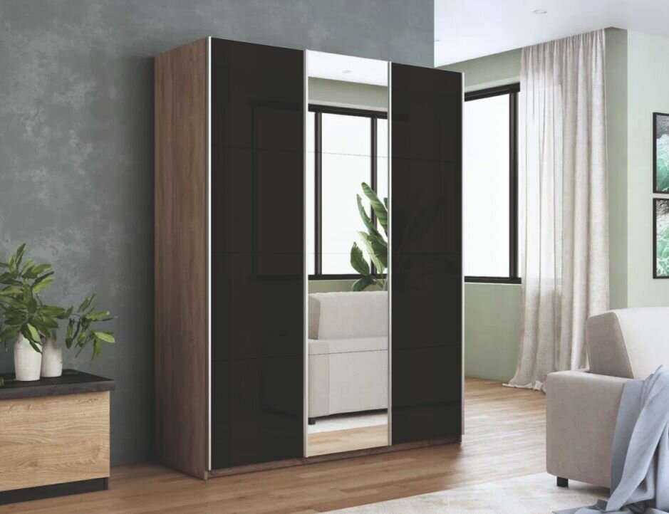 Шкаф-купе Билли 3-х дверный, (Зеркало/2 Стекла черн.) 180х57х230 см. Дуб Сонома