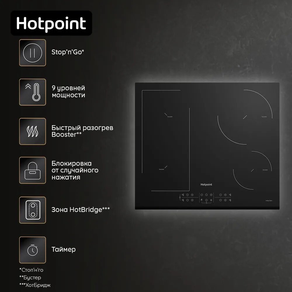 Варочная индукционная панель Hotpoint HB 1560B - BF Индукционный мост, Автоотключение, Функция Booster, 7200 Вт, черный