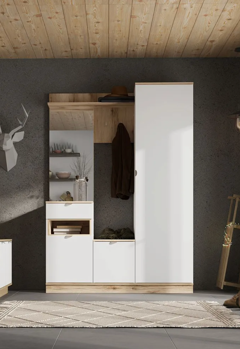 Прихожая ПР-1400 для коридора, с шкафом и зеркалом, 140×200×42 см, дуб делано / белый