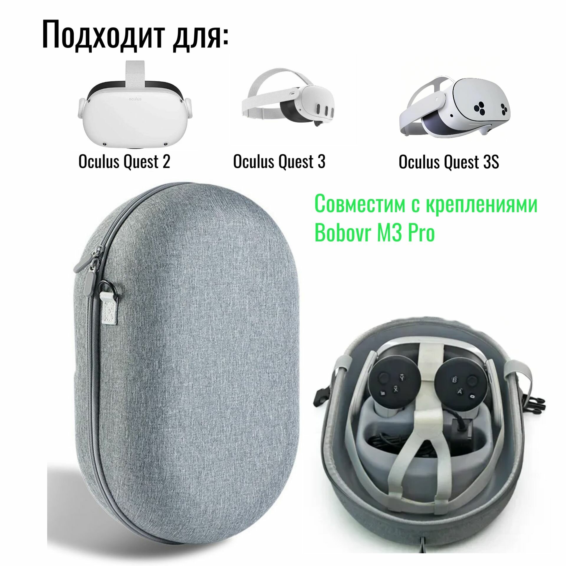 Кейс Сумка для шлема VR Oculus Quest 3, 3S, 2 Серая жесткая сумка для контроллеров и шлема