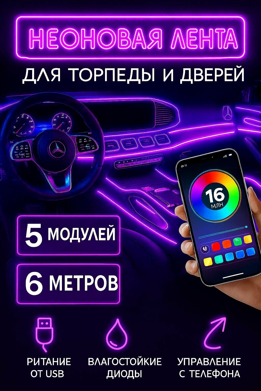 Подсветка в машину неоновая нить 6 м RGB, подсветка салона USB, 5 модулей, управление с телефона, музыкальный режим