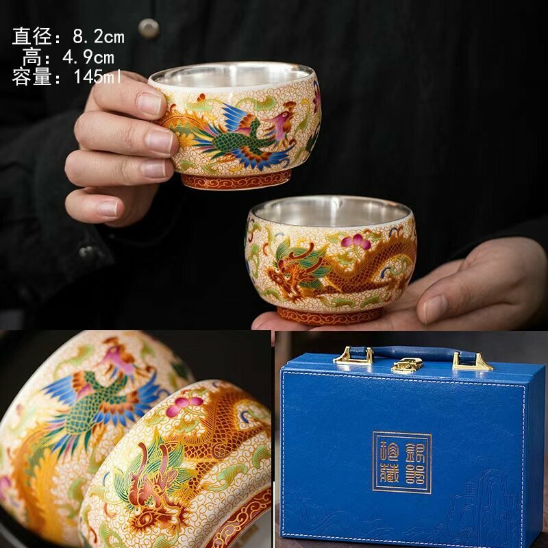 Позолоченная серебряная чашка для чая с изображением дракона и феникса, чашка для чая из серебра 999 пробы, серебряная чаша, керамическая чашка для хозяина, ручная роспись, креативный подарочный чайный набор.