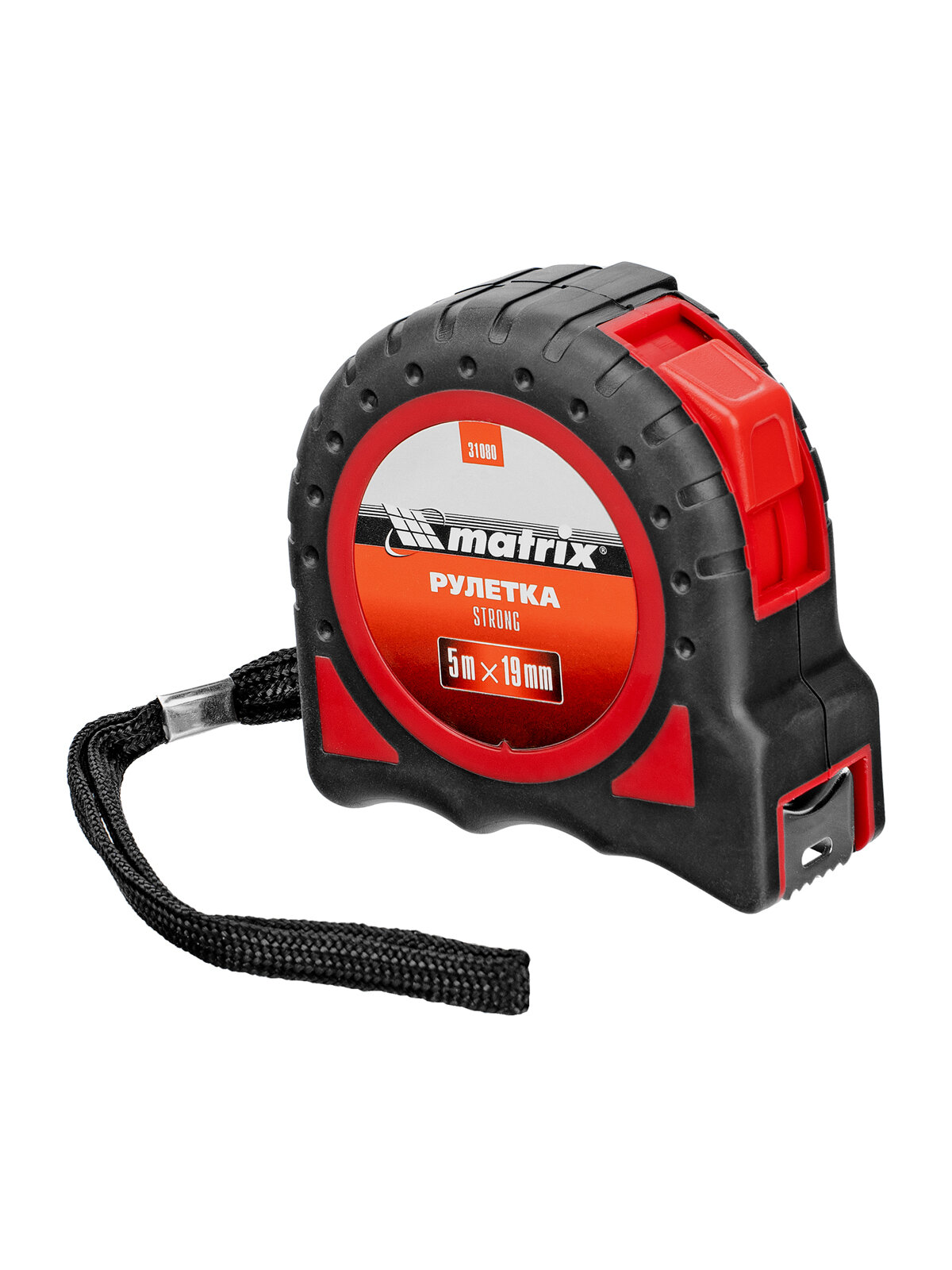 Рулетка измерительная 5м х 19мм Matrix Strong, ударопрочный обрезиненный корпус, подвижный зацеп и кнопка-фиксатор 31080
