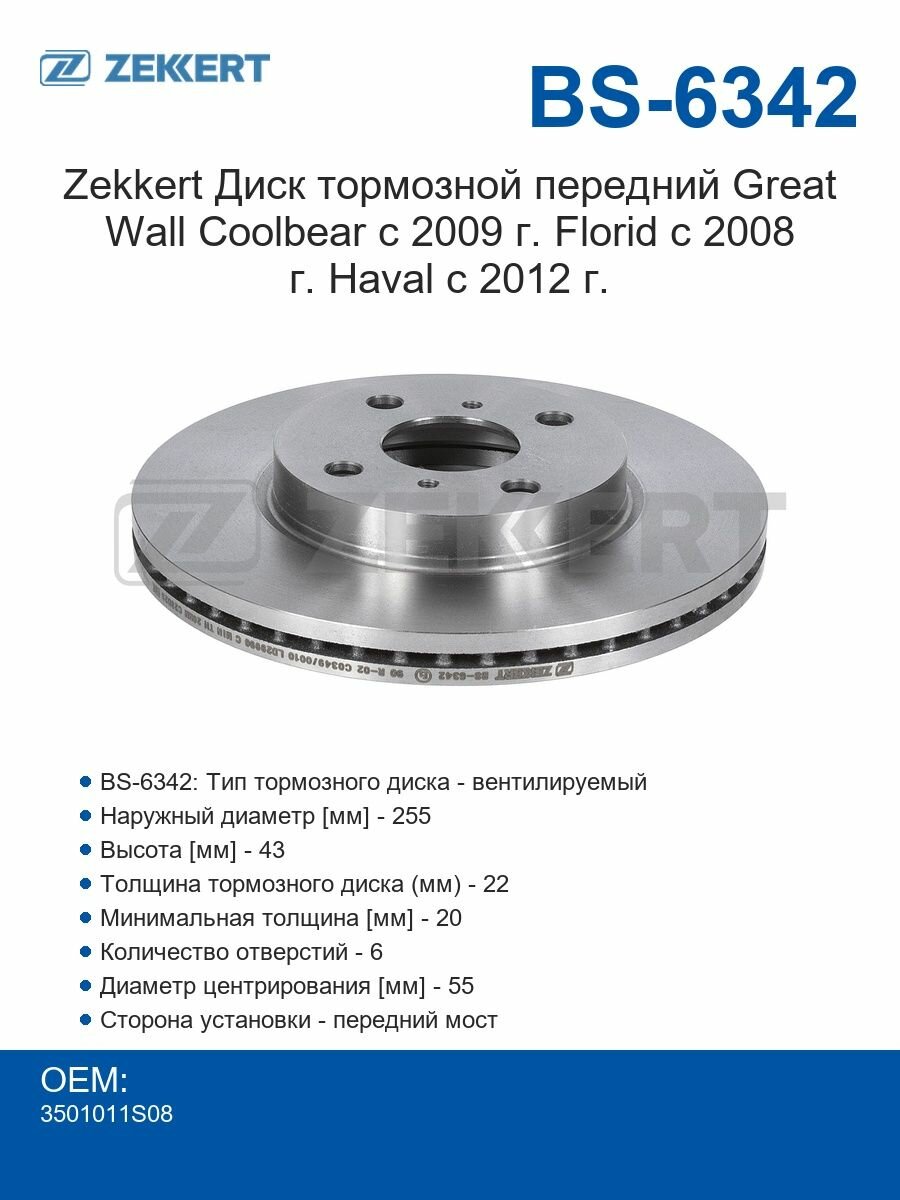 Zekkert Диск тормозной передний Great Wall Coolbear с 2009 г. Florid с 2008 г. Haval с 2012 г.
