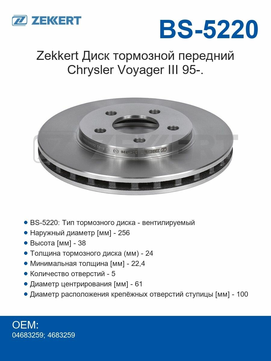 Zekkert Диски тормозные передний Chrysler Voyager III 95-.
